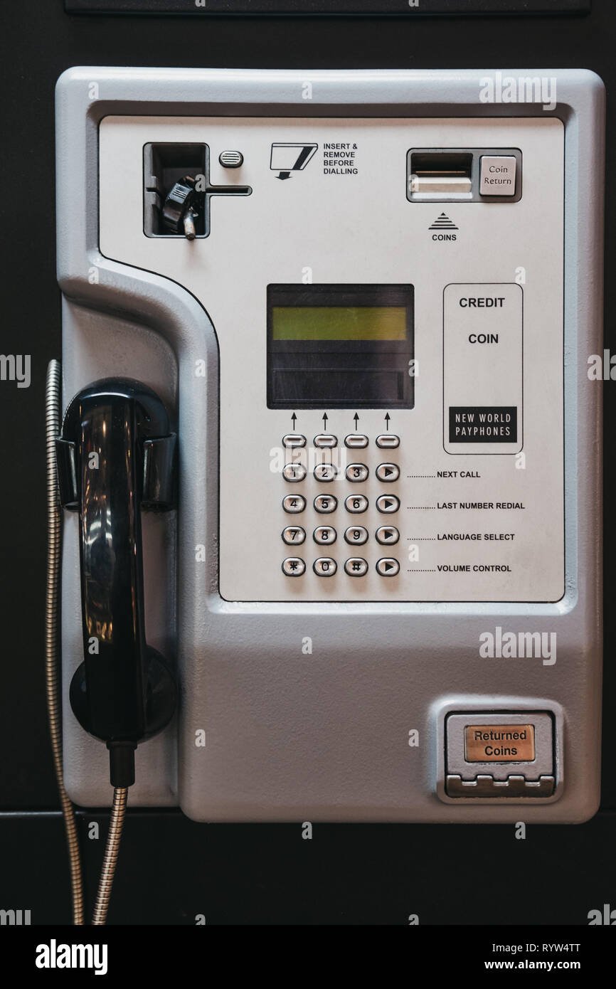 London, UK - March 9, 2019: Close up of a New World Payphone in the ...