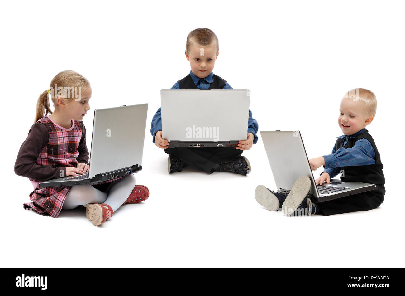 Two boys and a girl with laptops on white background, isolated Stock ...