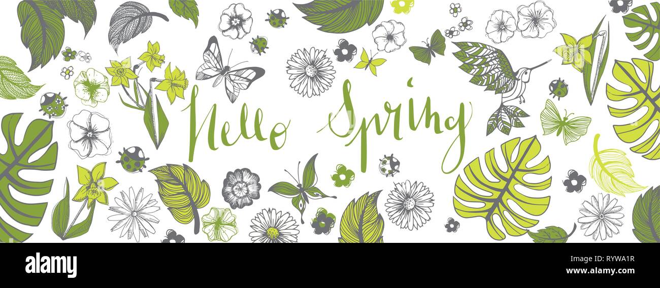 Sweet spring doodles full vector large banner Stock Vector Image & Art ...