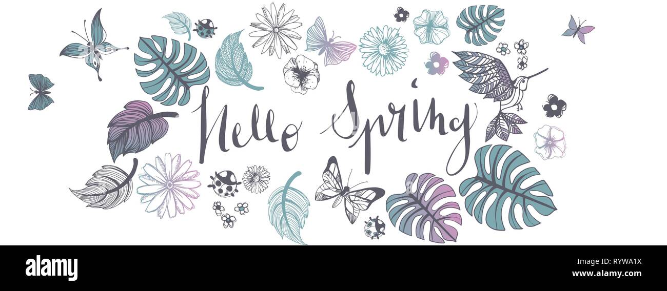 Sweet spring doodles full vector large banner Stock Vector Image & Art ...