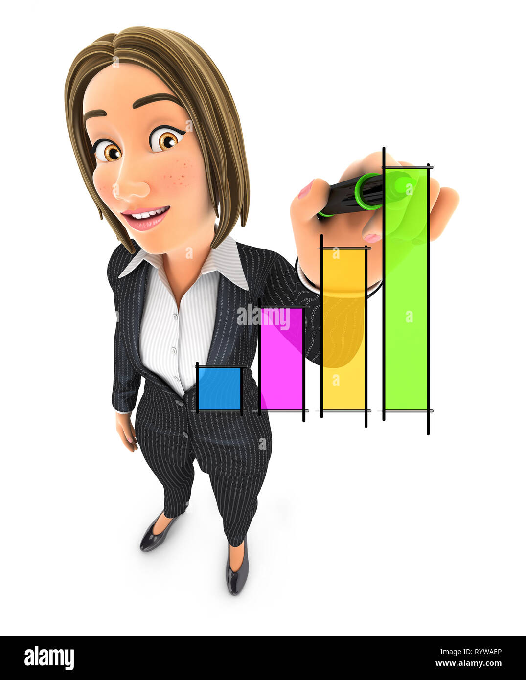 3d business woman hand drawn graph, illustration with isolated white ...