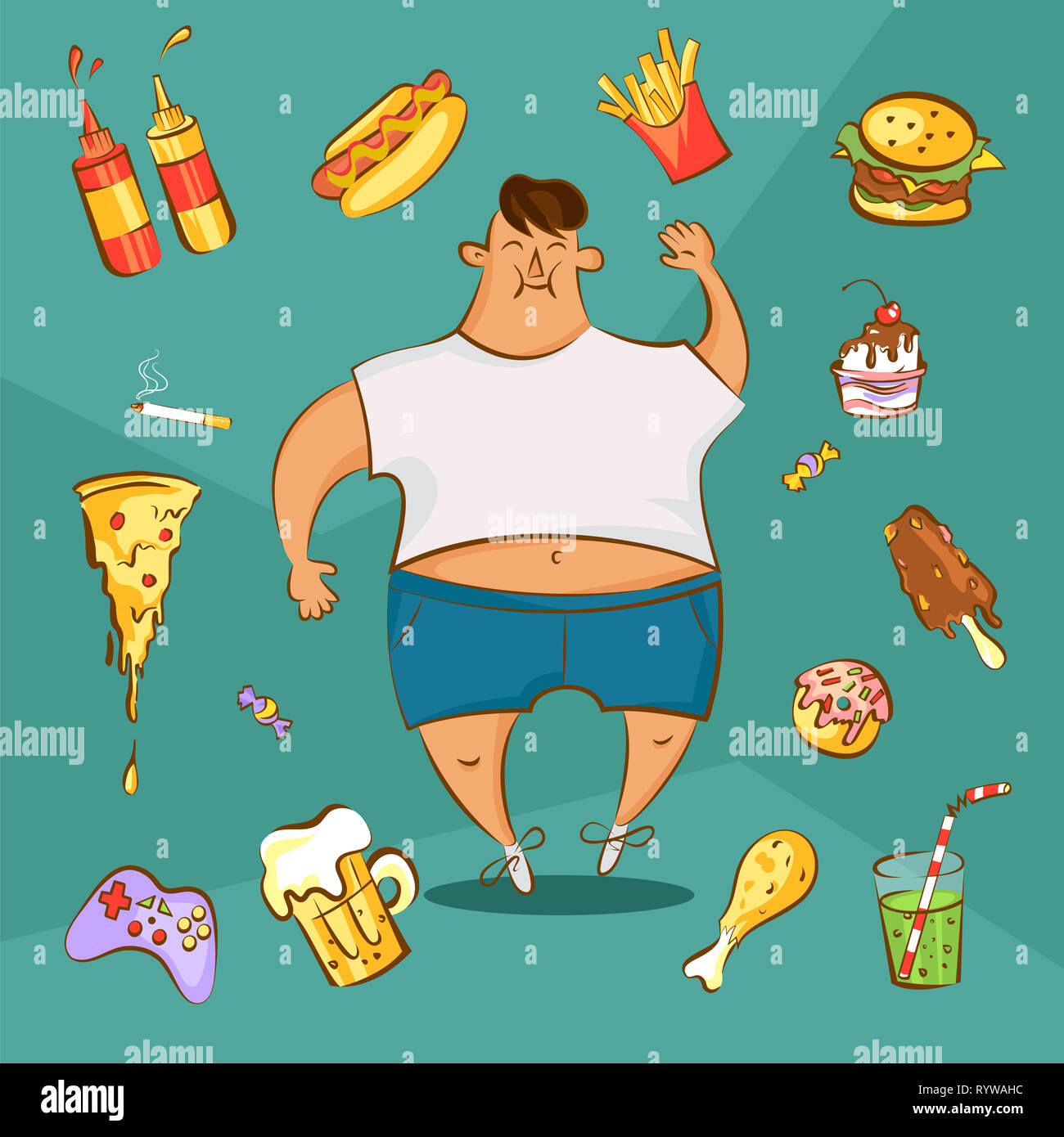 Fat man and different dishes in cartoon style. Fast food addiction ...