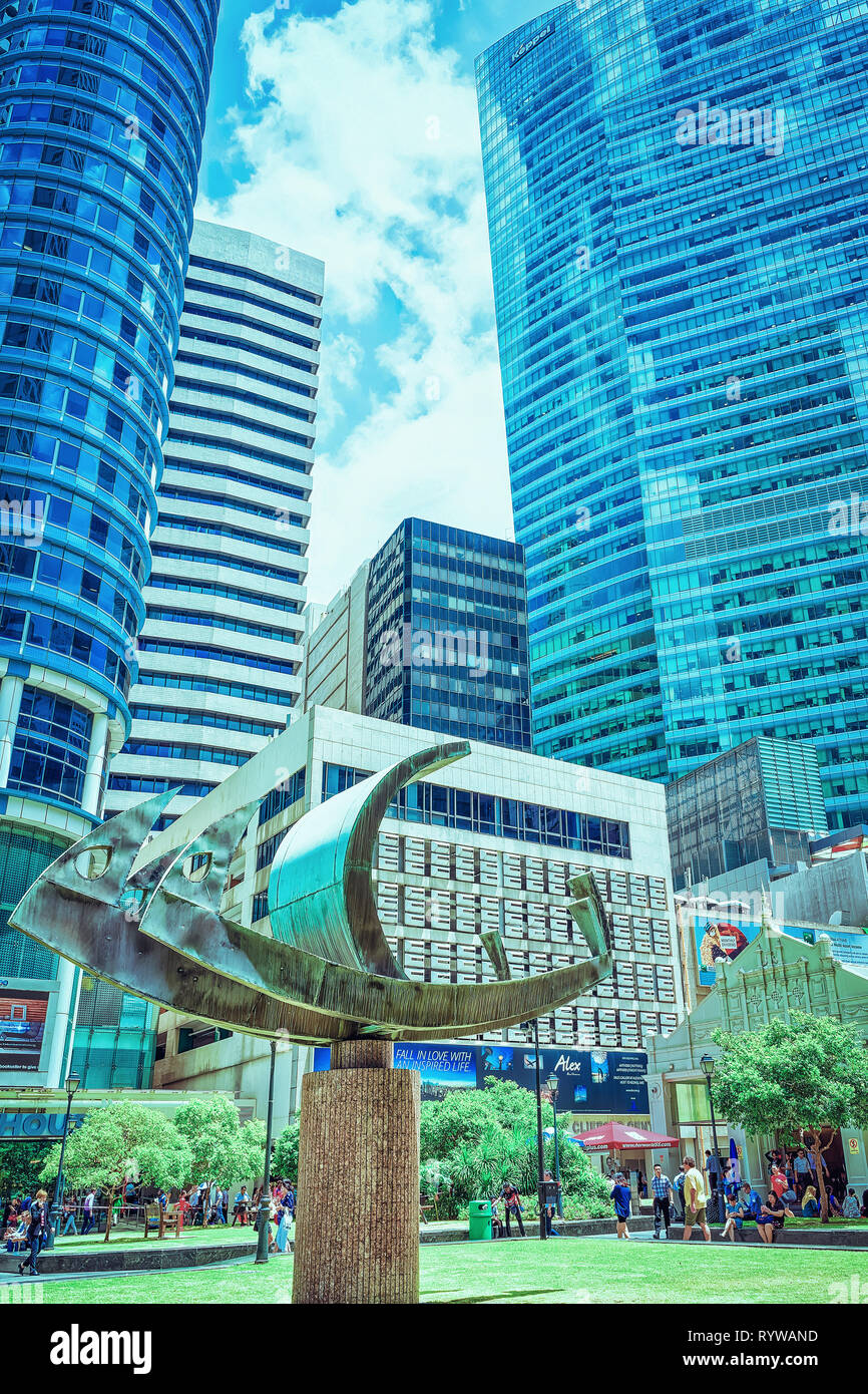 Singapore, Singapore - March 1, 2016: Ship sculpture at One Raffles ...