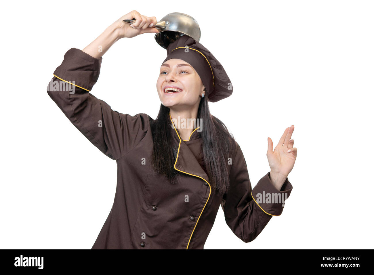 cheerful dancing cook with a pan on his head isolated on white ...