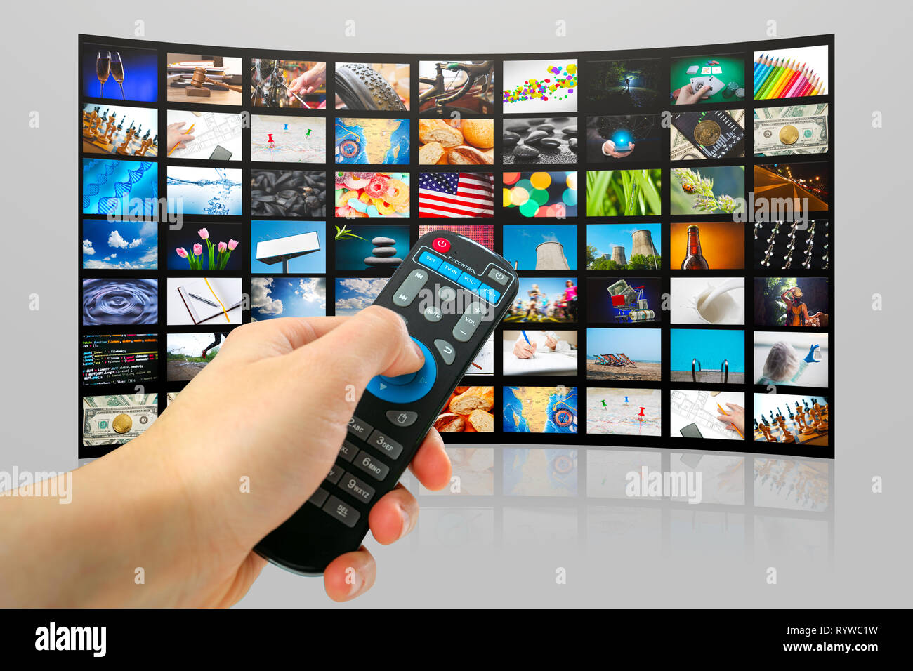 TV with pictures of smart television and man's hands with remote ...