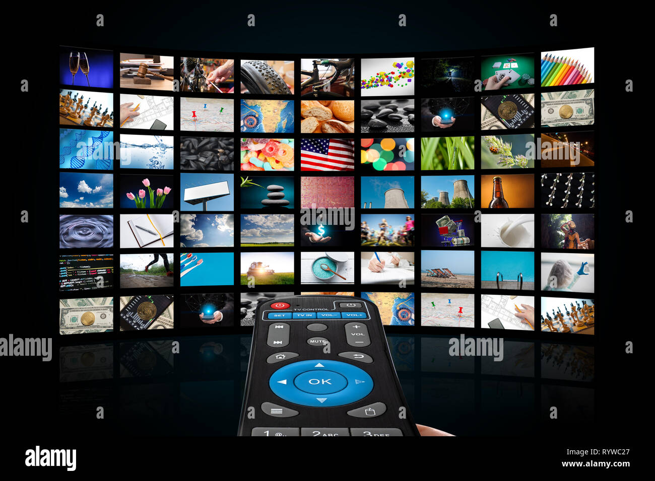 TV with pictures of smart television and remote control,close up Stock ...