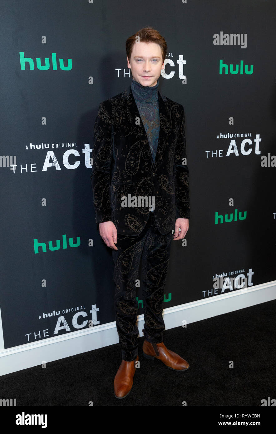 Calum Worthy wearing suit by Etro attends the premiere of Hulu's 'The ...