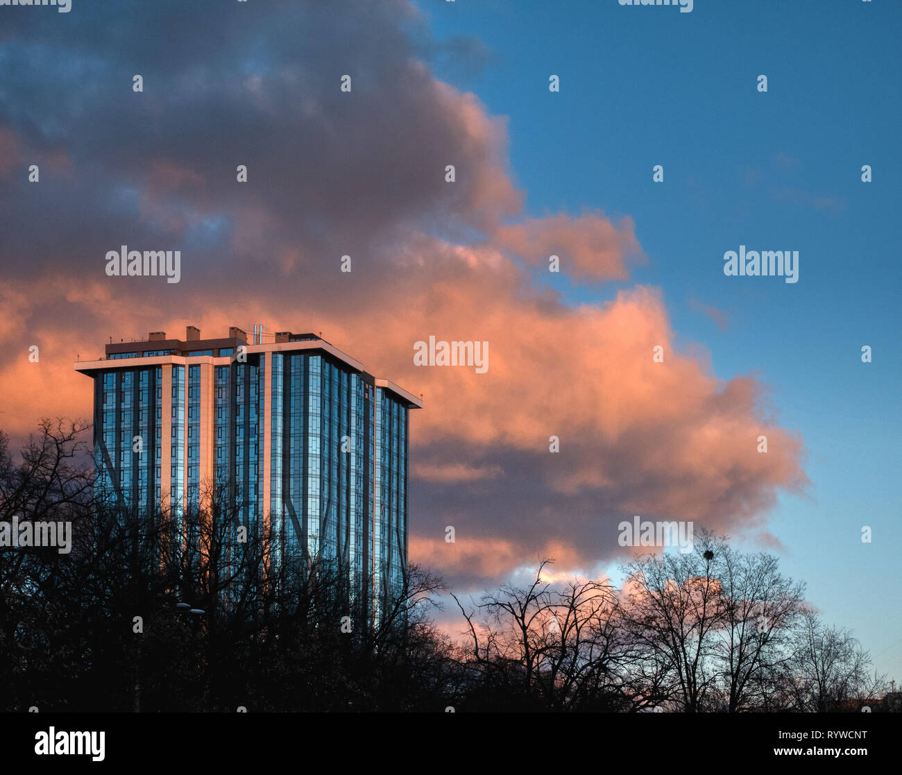 office residential building at sunset twilight with beautiful blue sky ...
