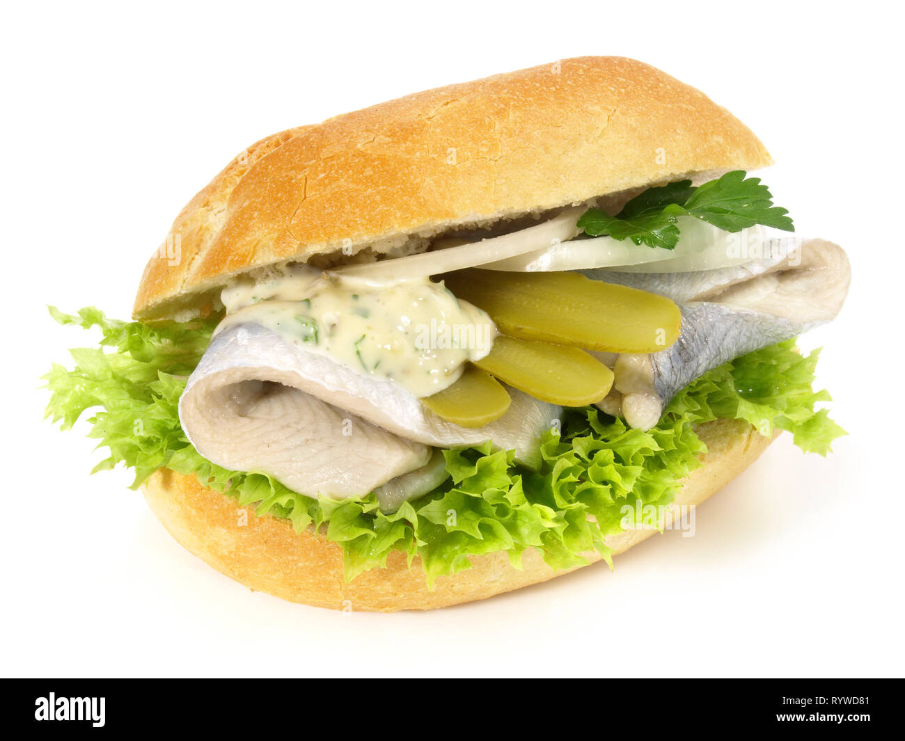 Fish - Herring Bun on white Background Stock Photo - Alamy