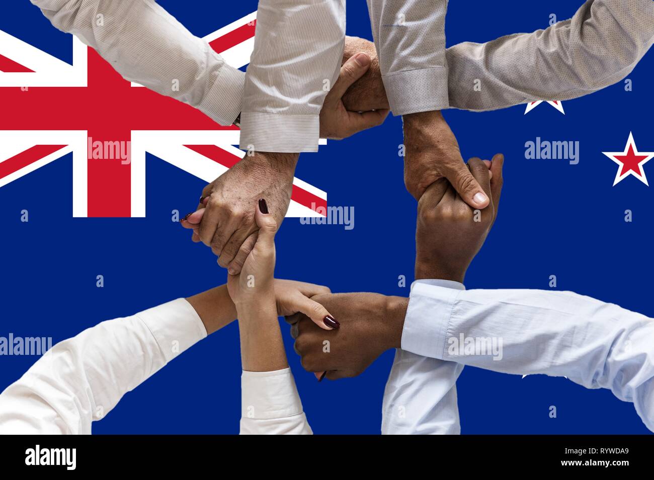 New Zealand flag, intergration of a multicultural group of young people ...