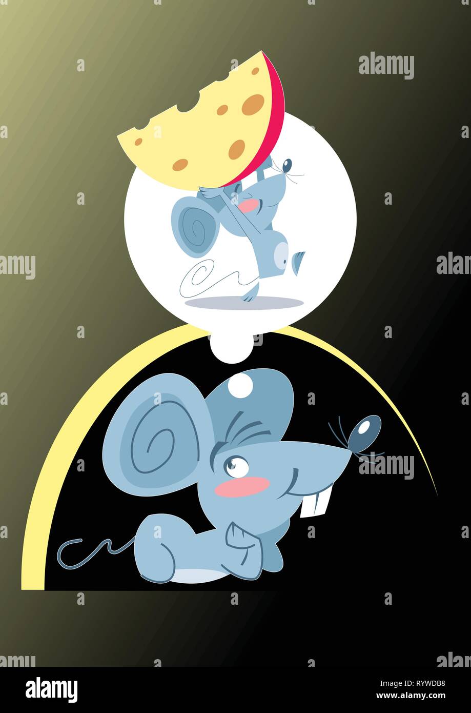 The illustration shows a funny cartoon mouse in burrow. She dreams of a ...