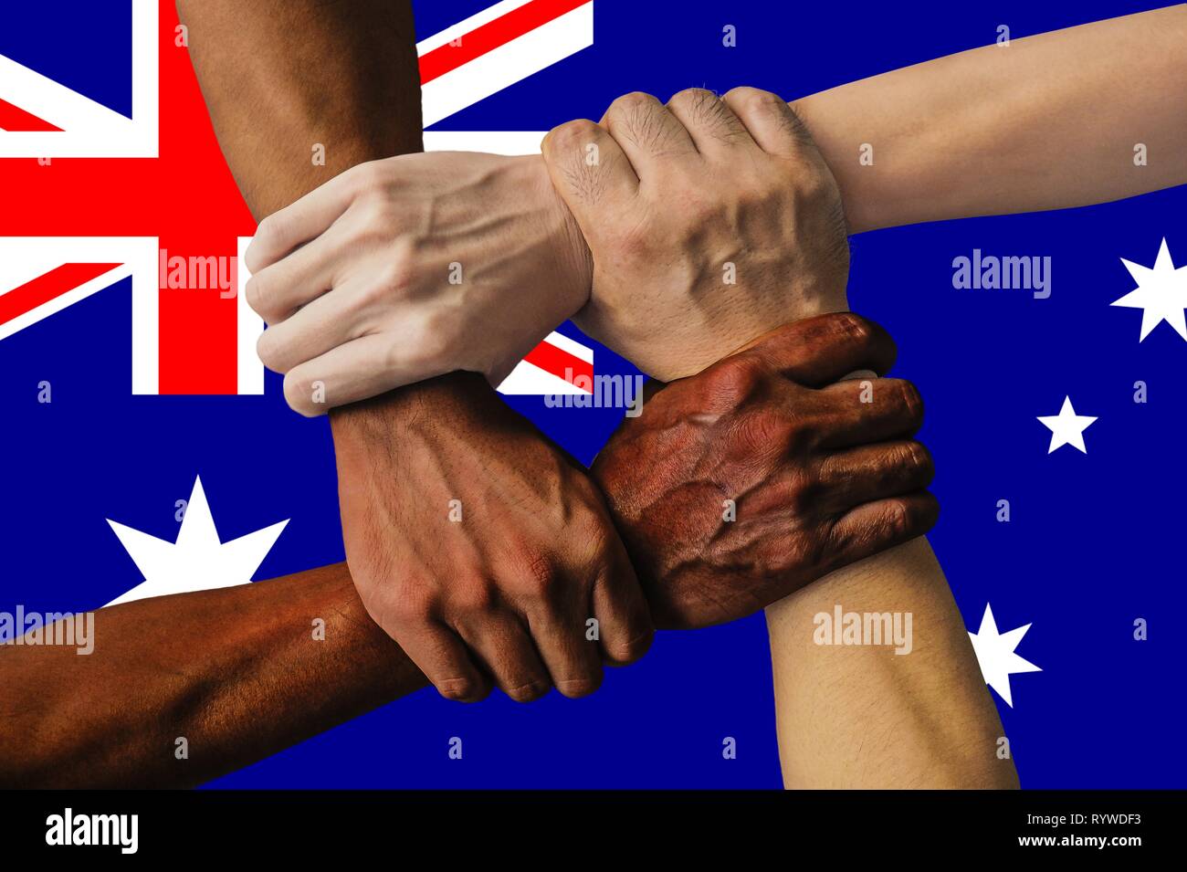 Australia flag, intergration of a multicultural group of young people ...