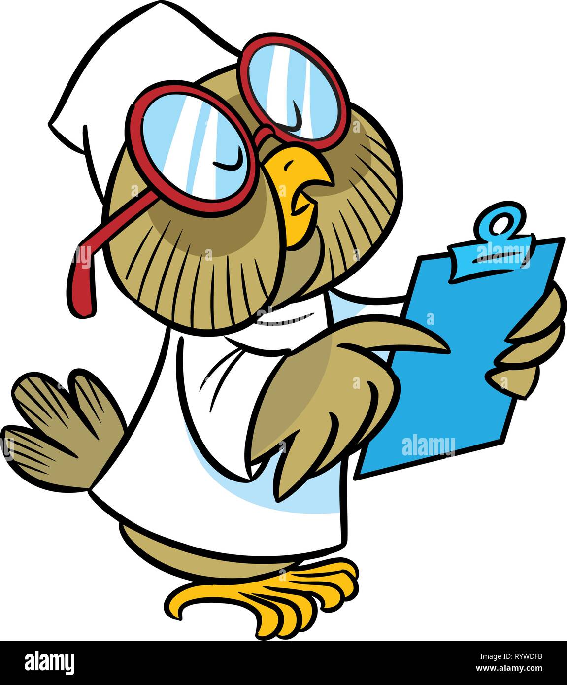 In the illustration cartoon owl doctor in a white coat and glasses. She ...