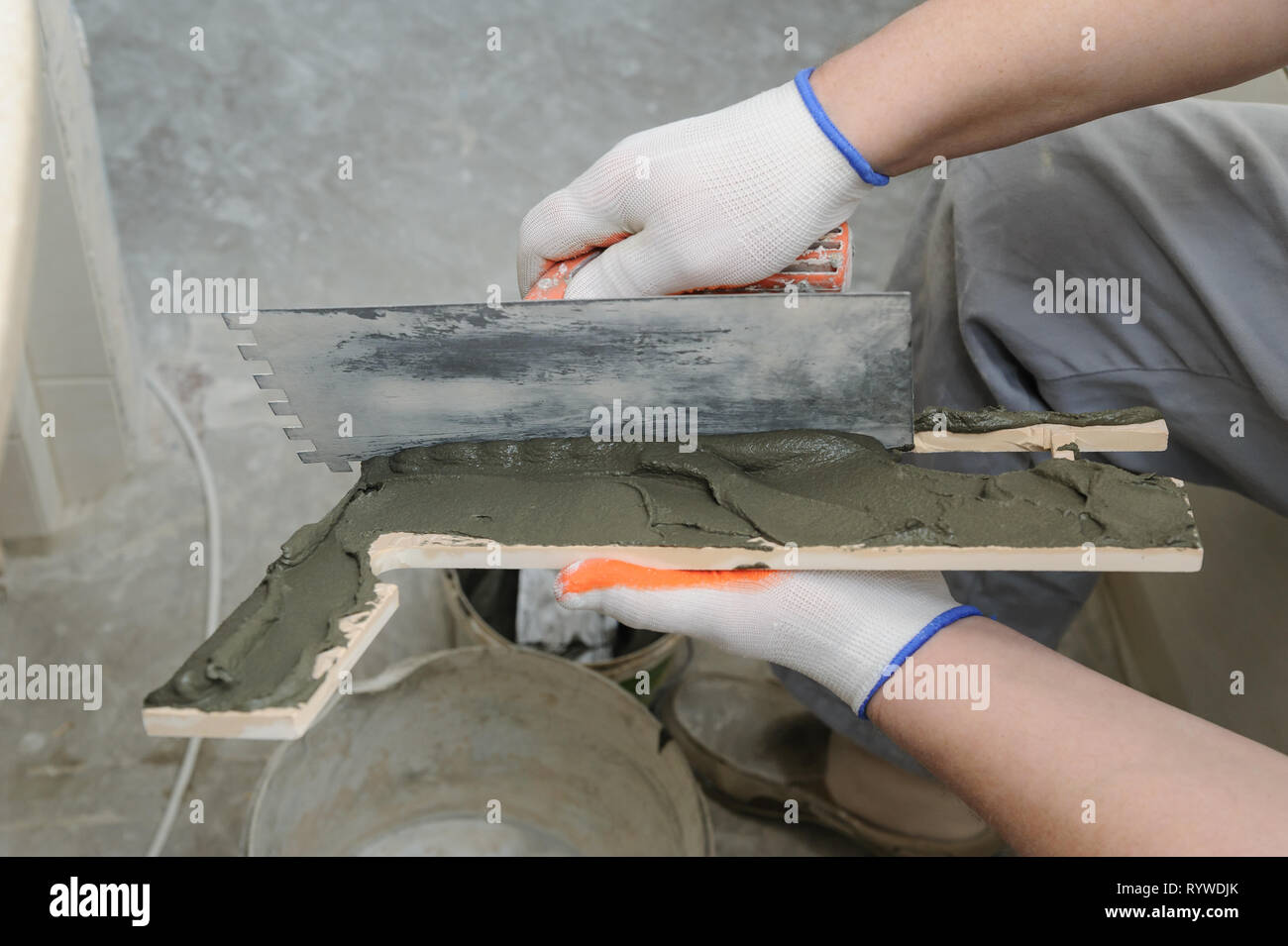 A worker puts the adhesive on the tile using the trowel Stock Photo - Alamy