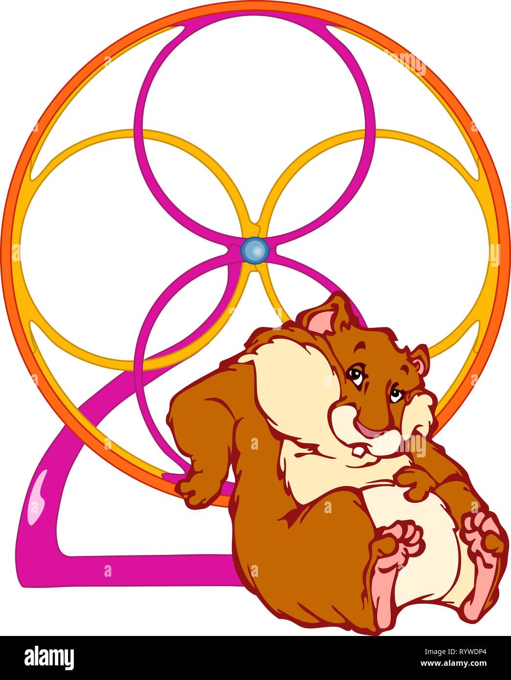 In vector illustration, a funny red hamster sits near the wheel of a ...