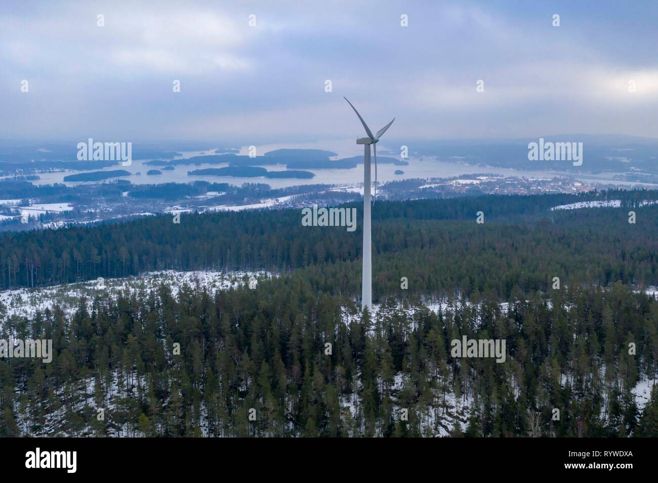 Landscape with windmill drone photo Stock Photo - Alamy