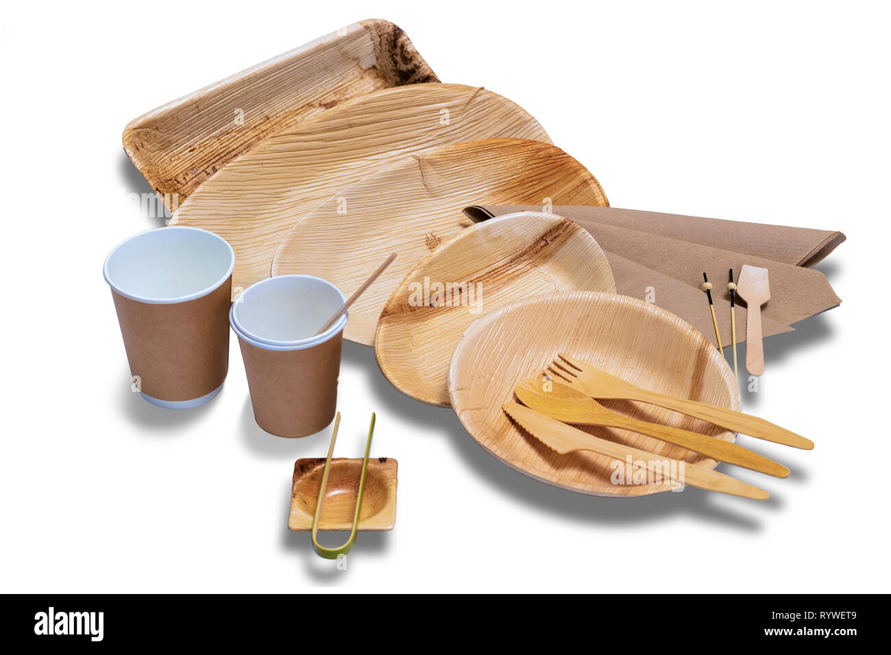 Wooden disposable tableware and plates and cutlery for picnic on the ...