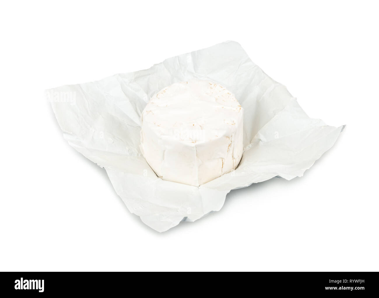 Brie cheese in open paper package on white background Stock Photo - Alamy