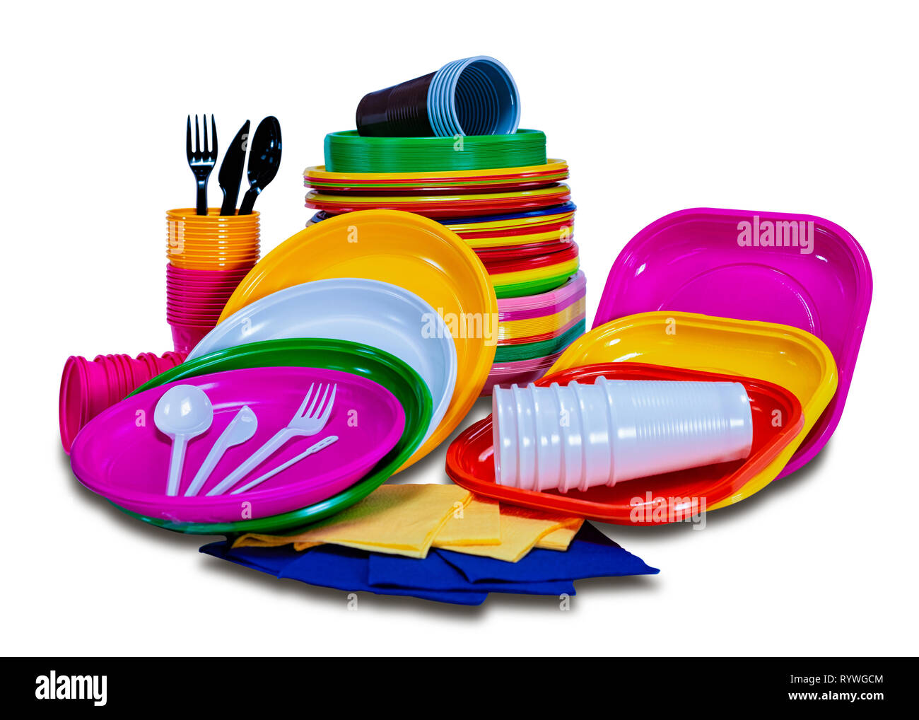 Plastic disposable tableware and plates with cutlery for picnic on a ...