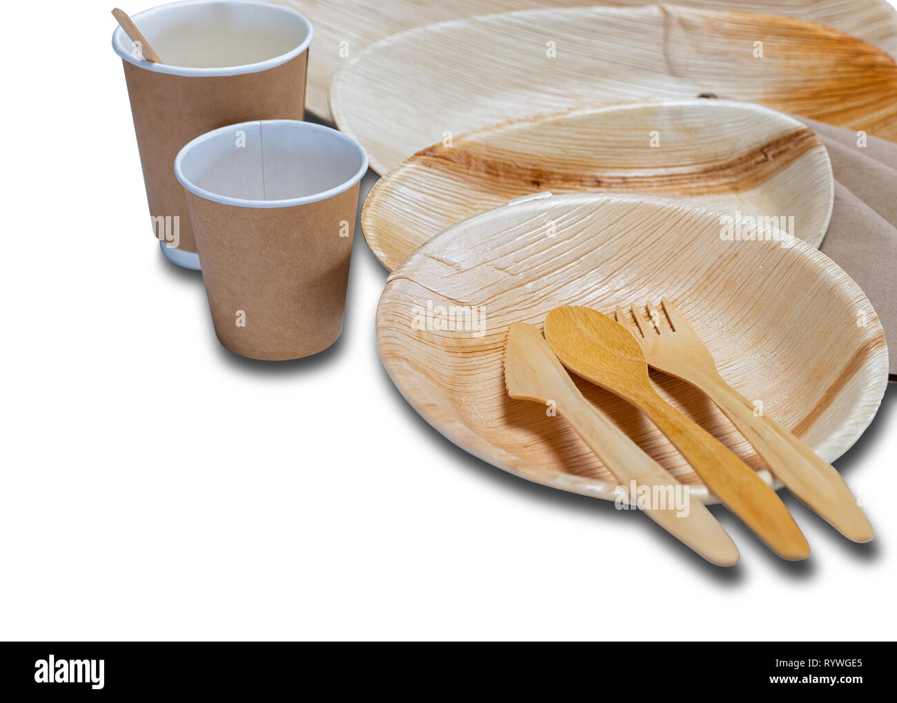 Set of wooden disposable tableware and plates and cutlery for picnic on ...