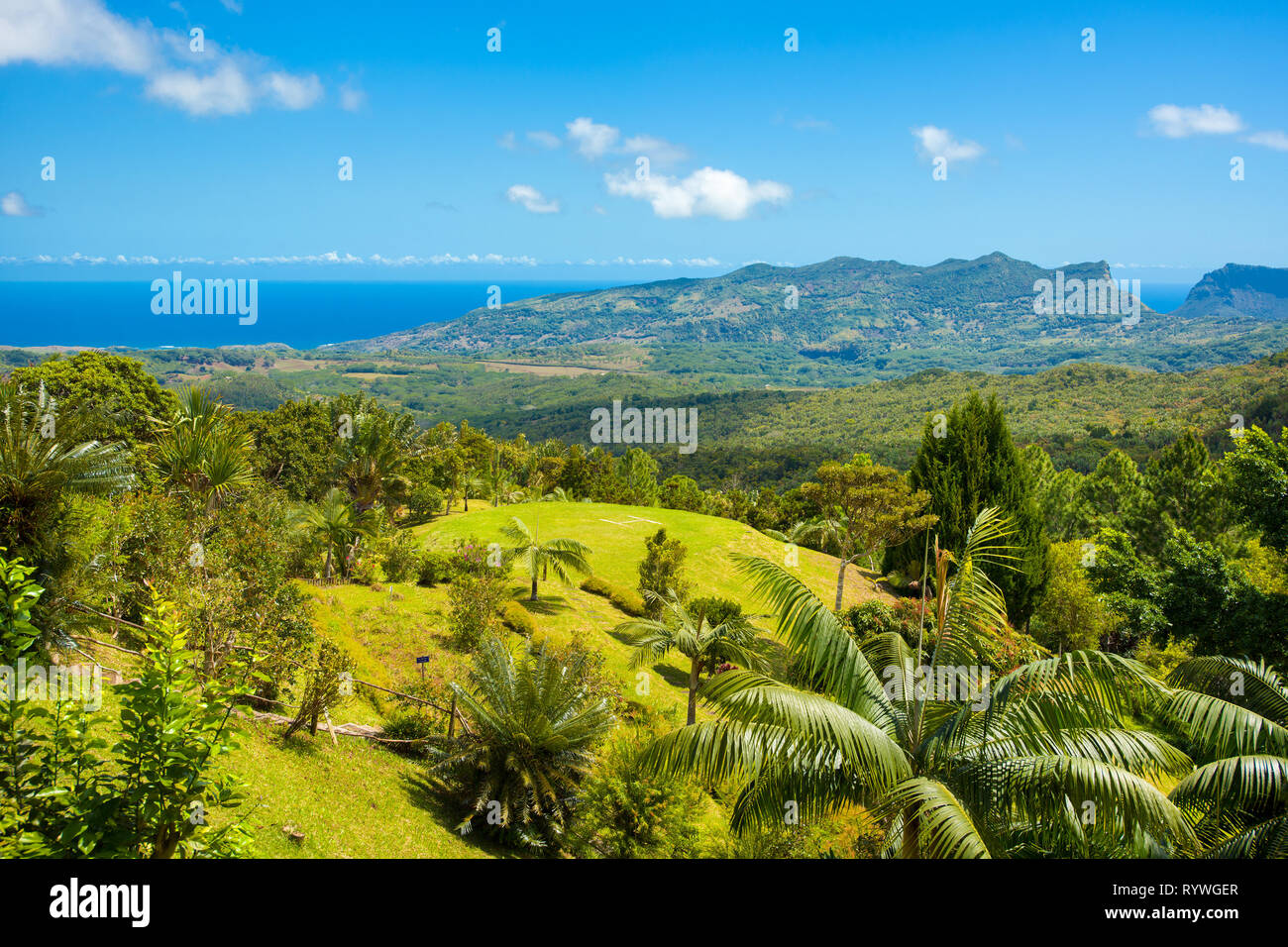 Aerial view of Mauritius island panoramic landscape with green hills ...