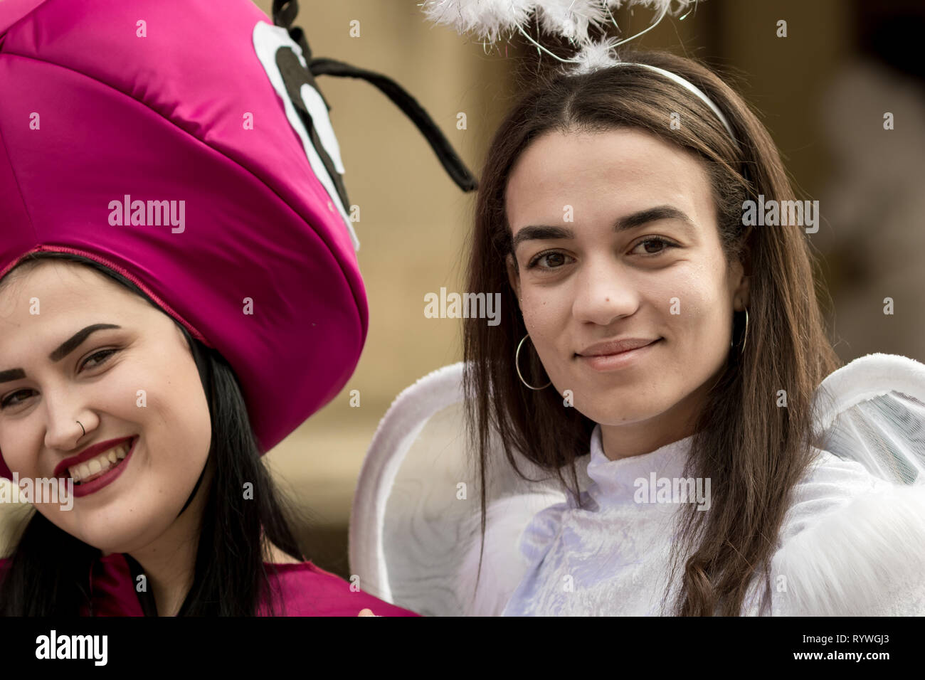 XANTHI, GREECE - MARCH 10, 2019: Masquerade participants march and have ...