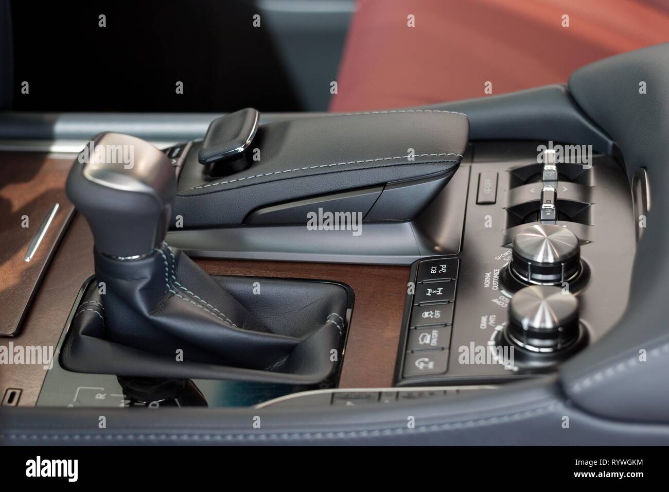 Interior of new modern car with automatic transmission. Passenger ...