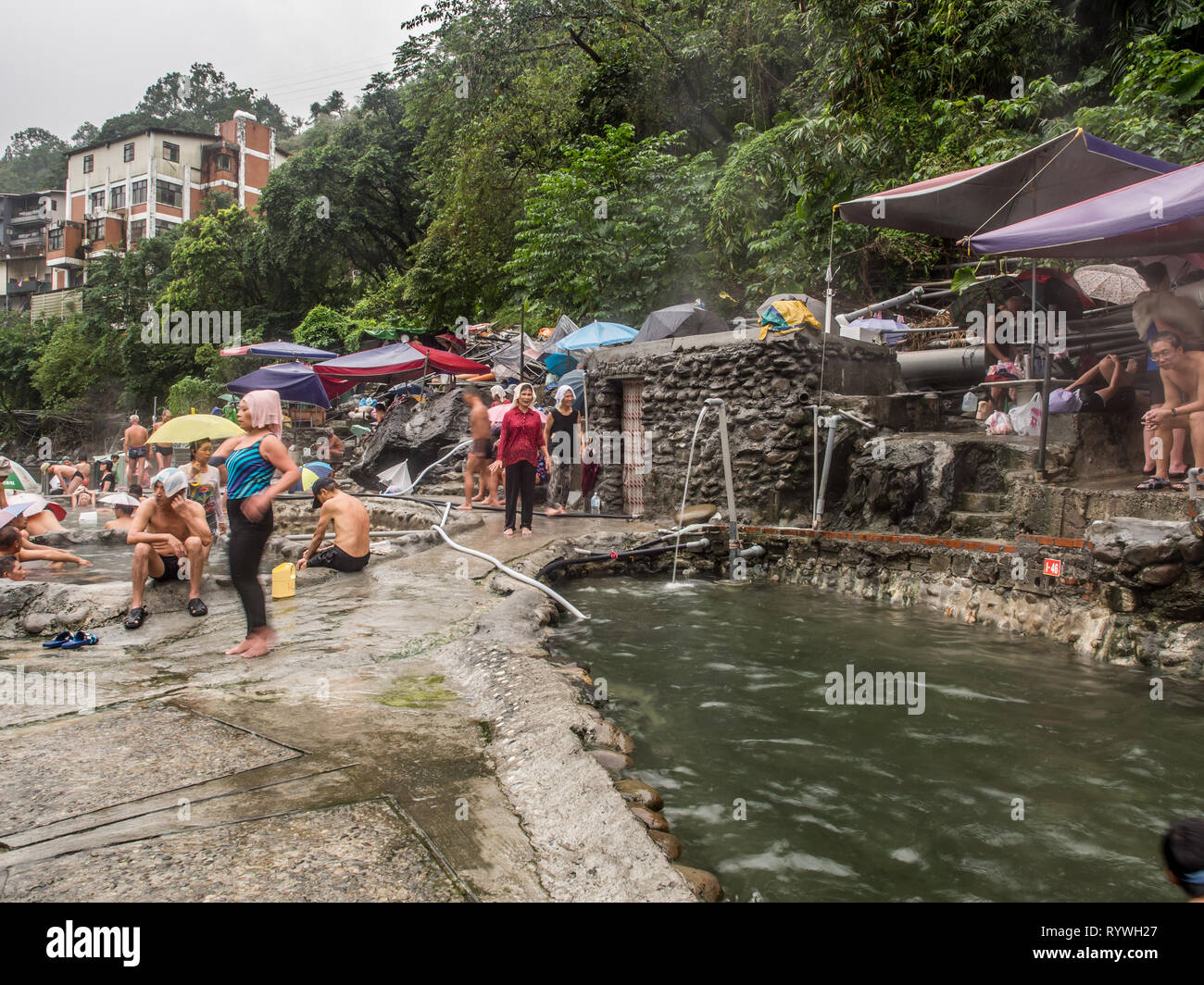 Wulai, Taiwan - October 09, 2016: Public swimming pools with water from ...