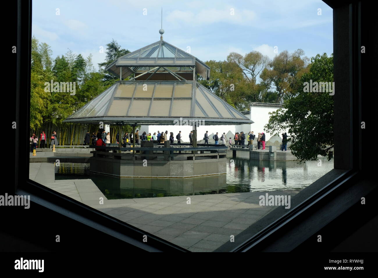 The view of Pavilion in the garden of Suzhou Museum from a window in ...