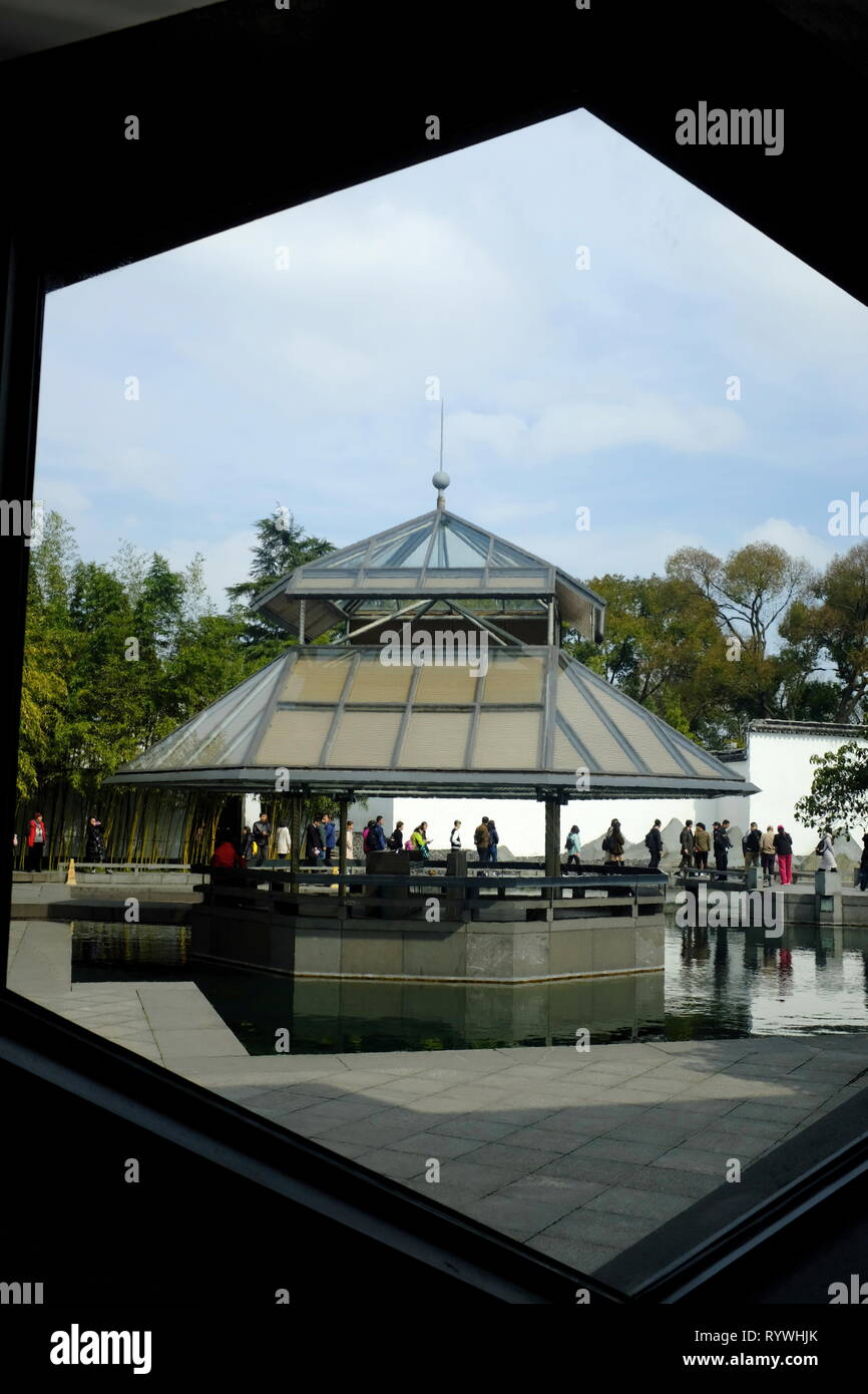The view of Pavilion in the garden of Suzhou Museum from a window in ...
