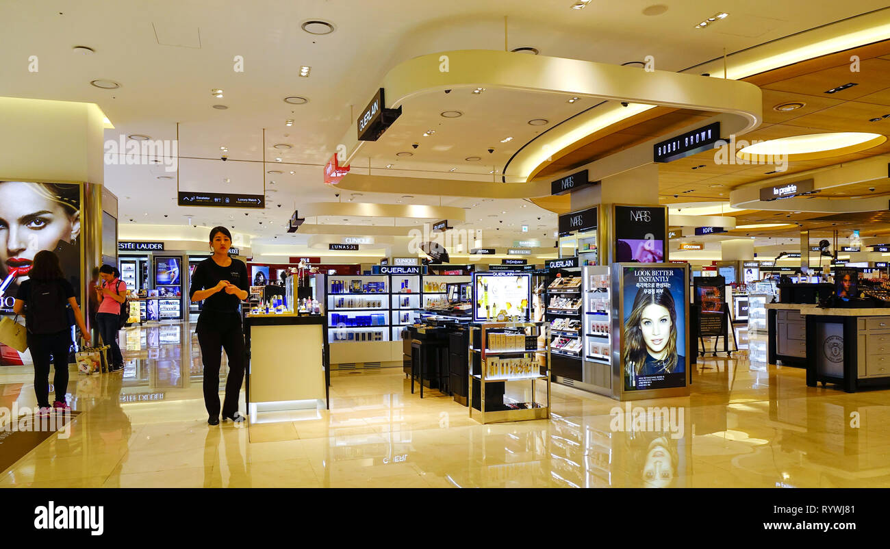 Seoul, South Korea - Feb 6, 2015. Interior of shopping mall in Seoul, S ...