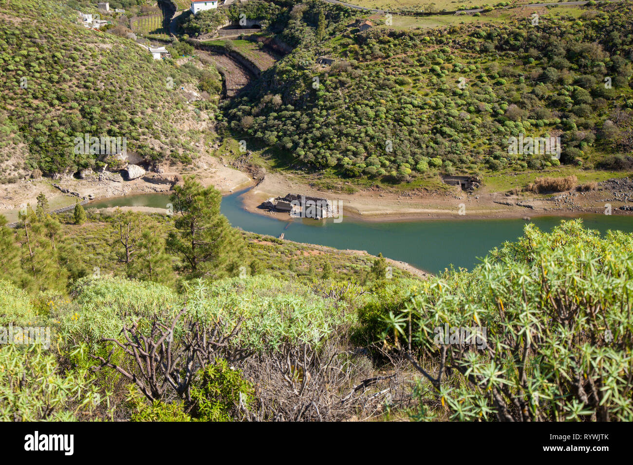 Gran Canaria, February, freshwater reservoir Presa de Candelaria, remains of old hermitage, now ...