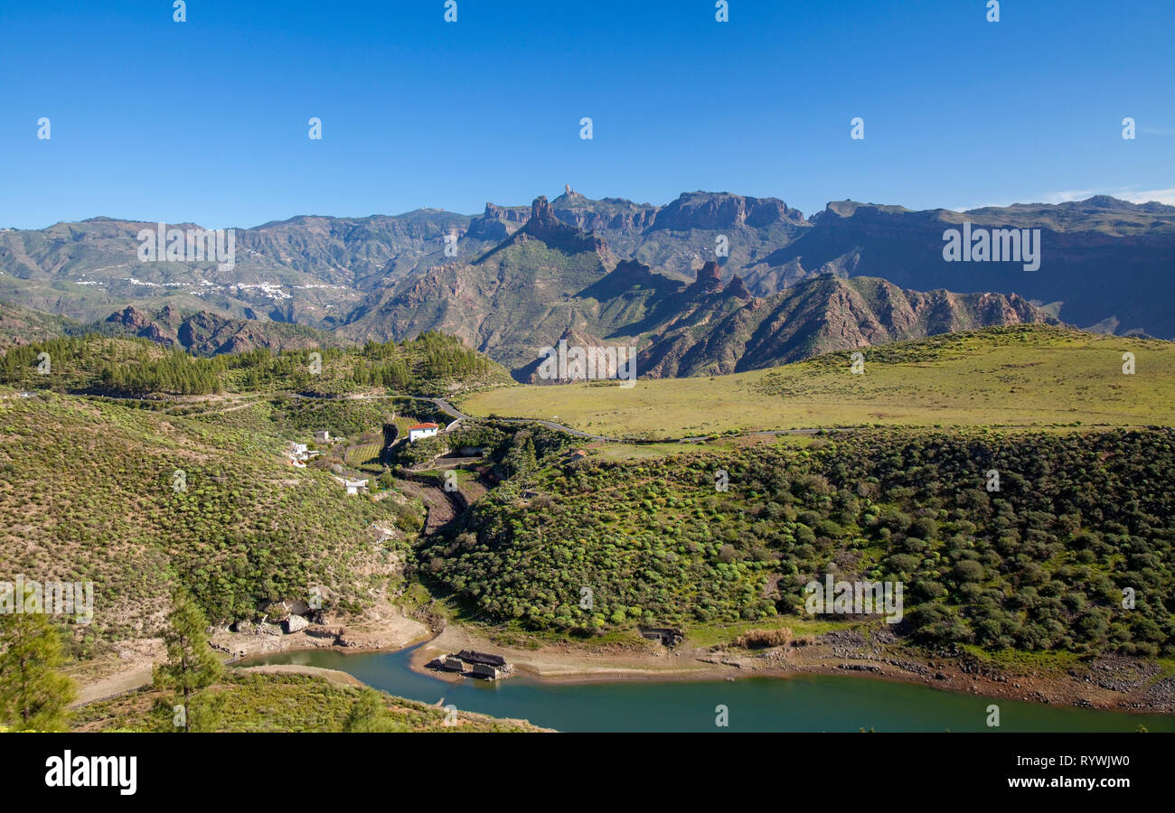 Gran Canaria, February, freshwater reservoir Presa de Candelaria, remains of old hermitage, now ...
