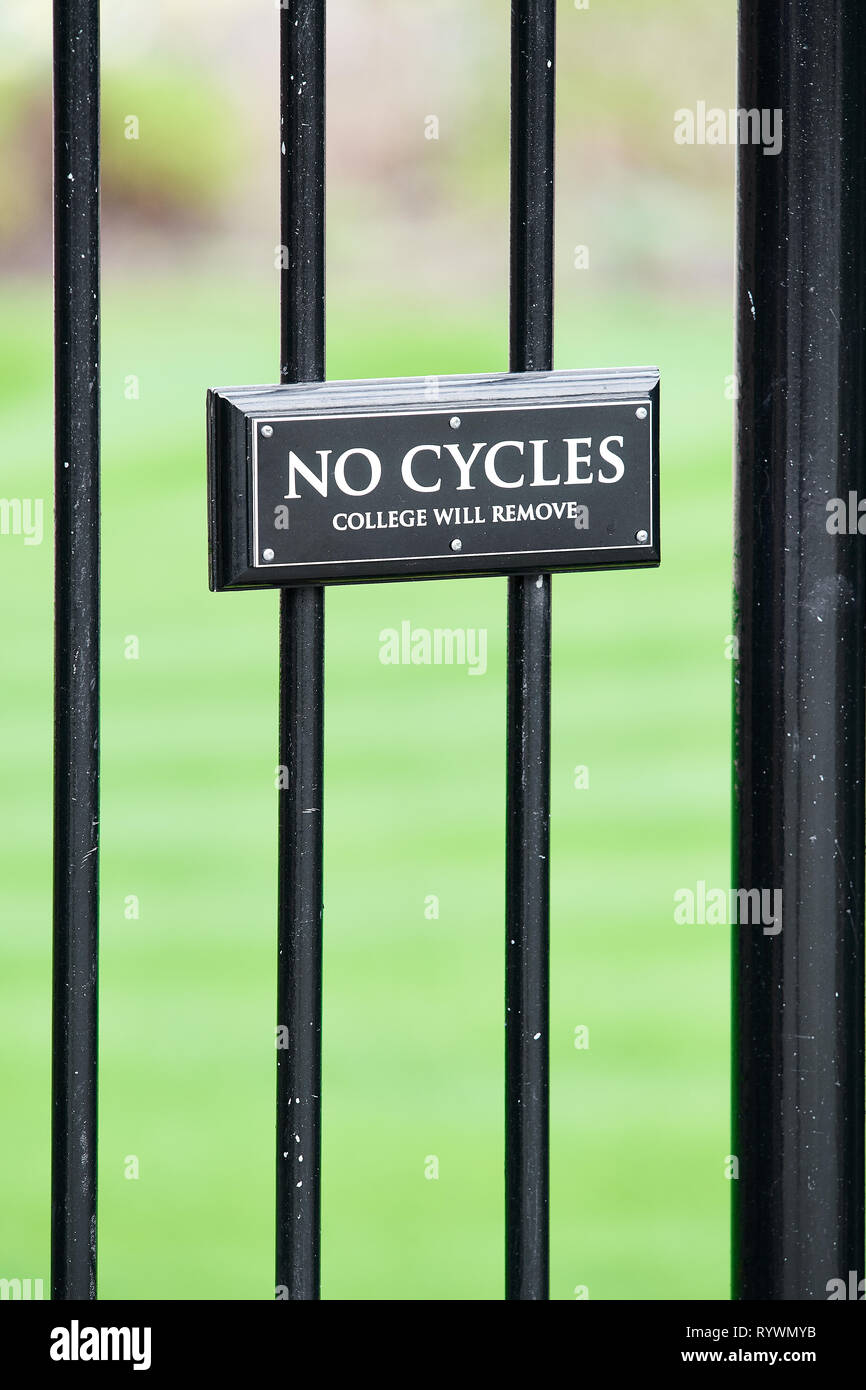 'No cycles' notice on the steel barred fence barrier outside Queens ...