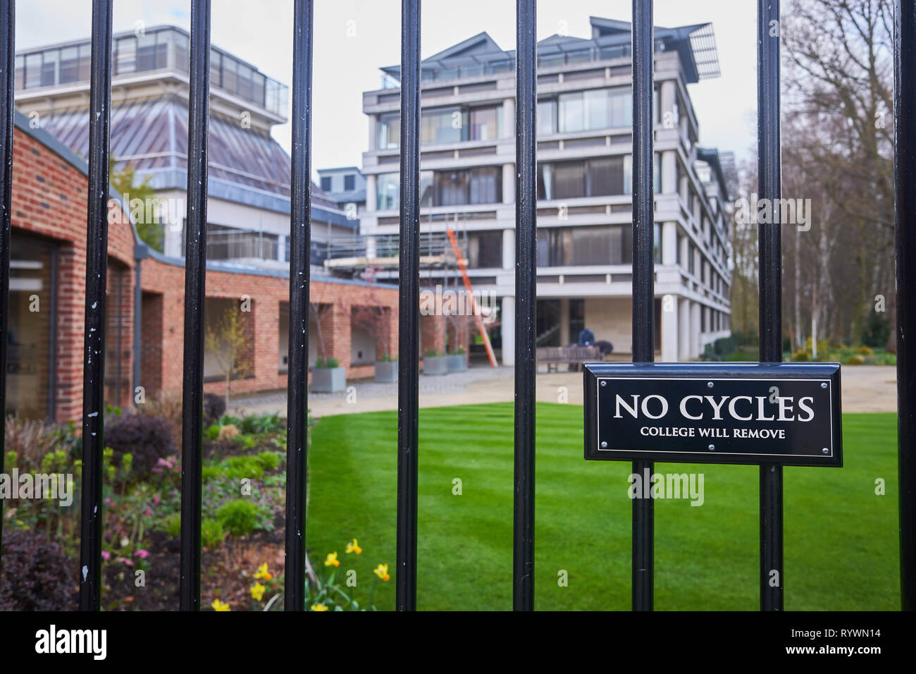 'No cycles' notice on the steel barred fence barrier outside Queens ...
