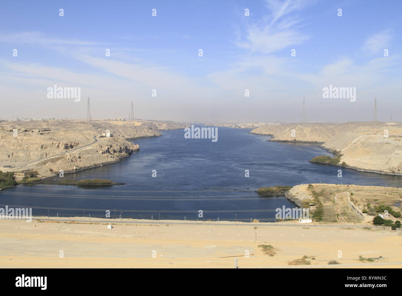 Looking north down the Nile from the top of the high dam near Aswan ...