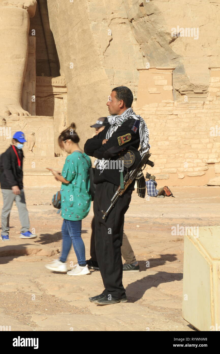Temple Guard with assault rifle, Abu Simbel, Nubia, Upper Egypt, North ...