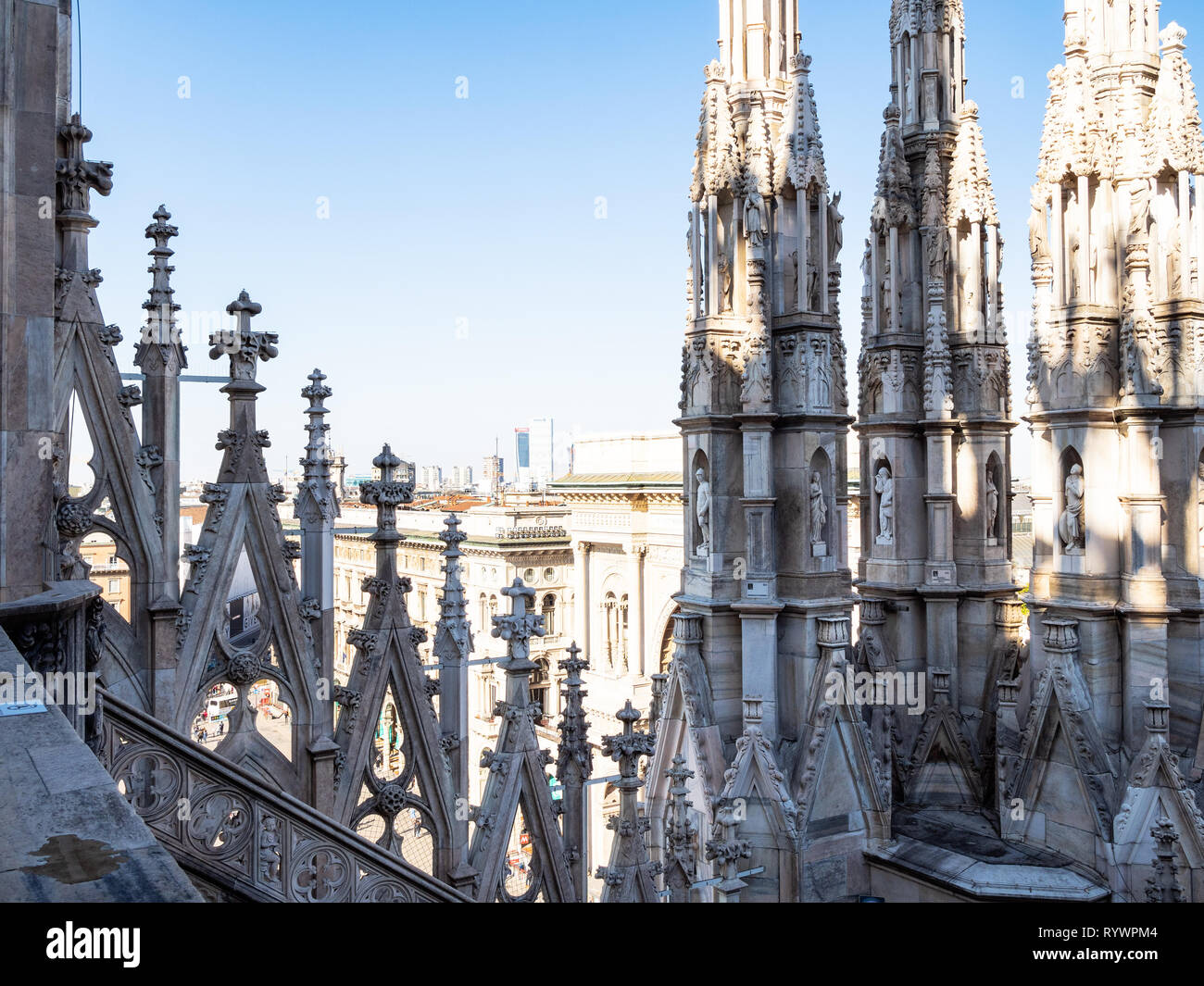 MILAN, ITALY - FEBRUARY 24, 2019: towers on roof of Milan Cathedral ...