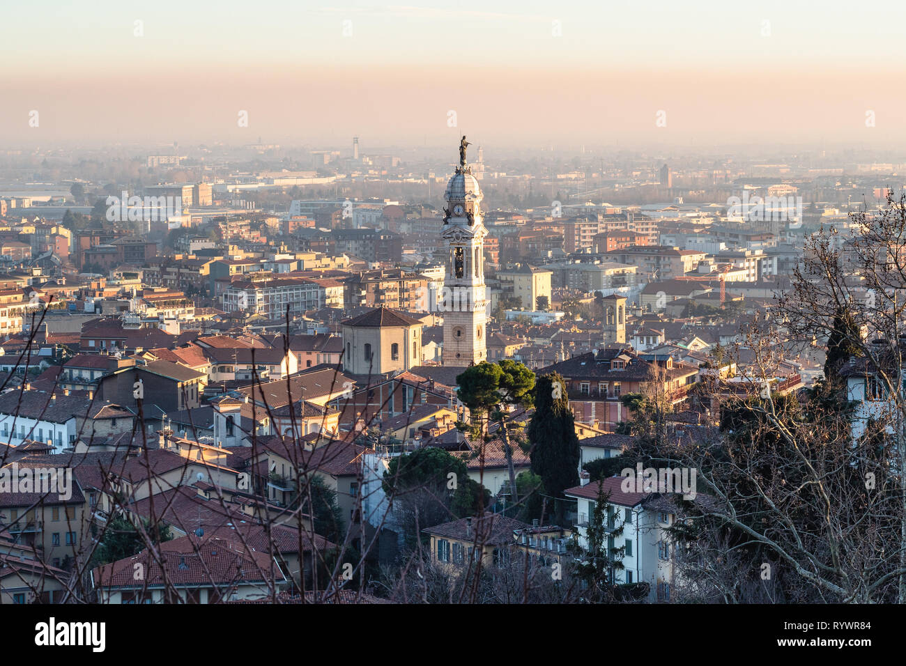 Travel to Italy - view of Lower Town (Citta Bassa) with bell tower of ...