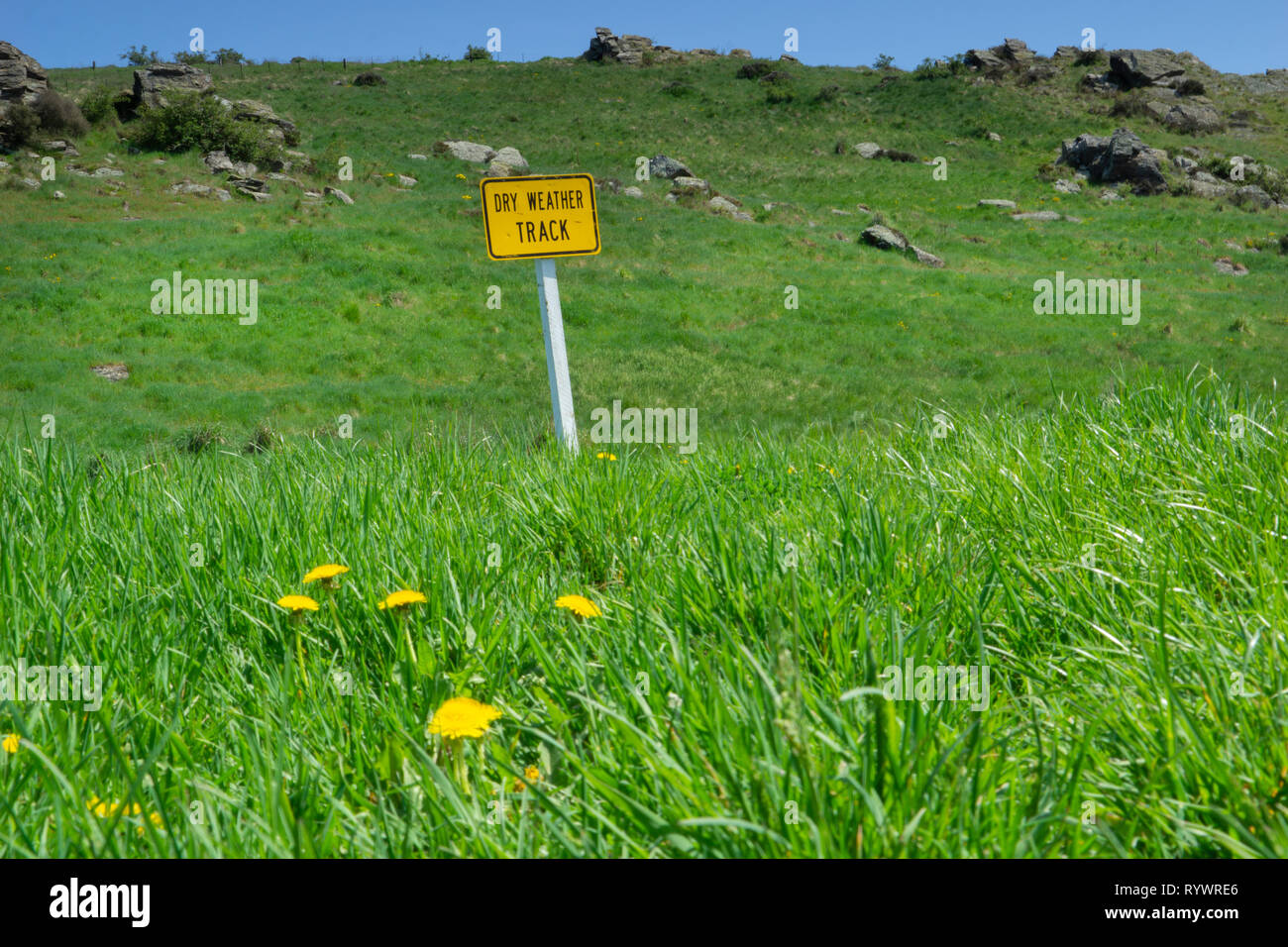 Advisory sign in middle of farmland "Dry Weather Track" in South Island ...