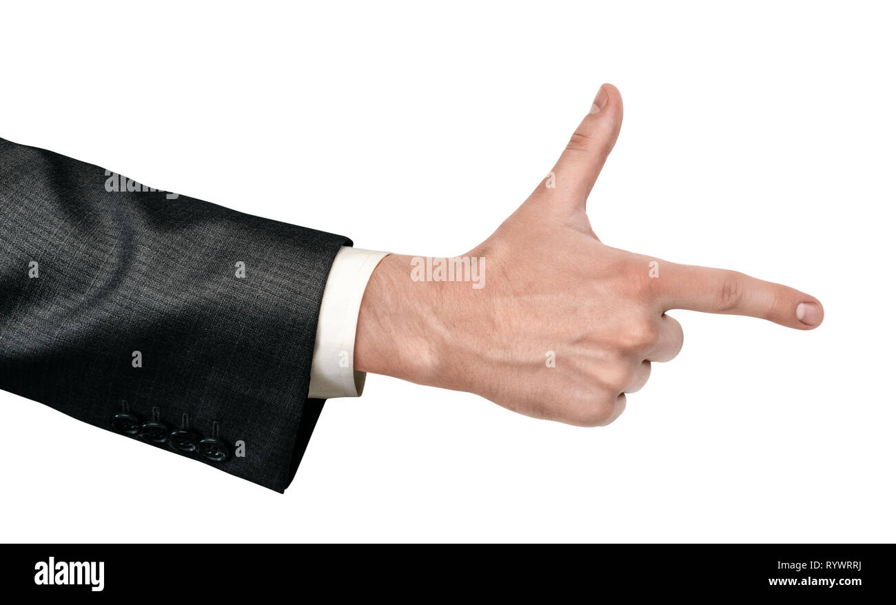 Male hand in business suit making a hand shooting gesture isolated on ...