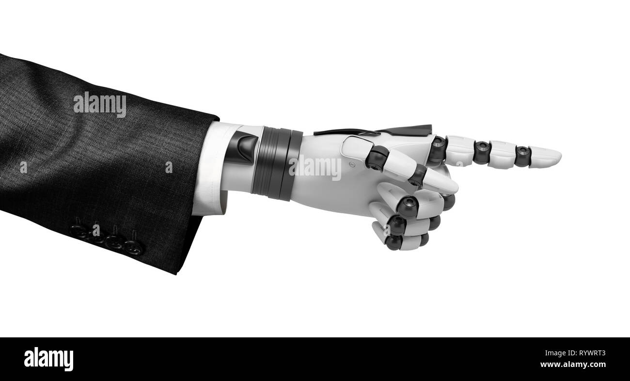 3d close-up rendering of robot hand in suit pointing forward with its ...