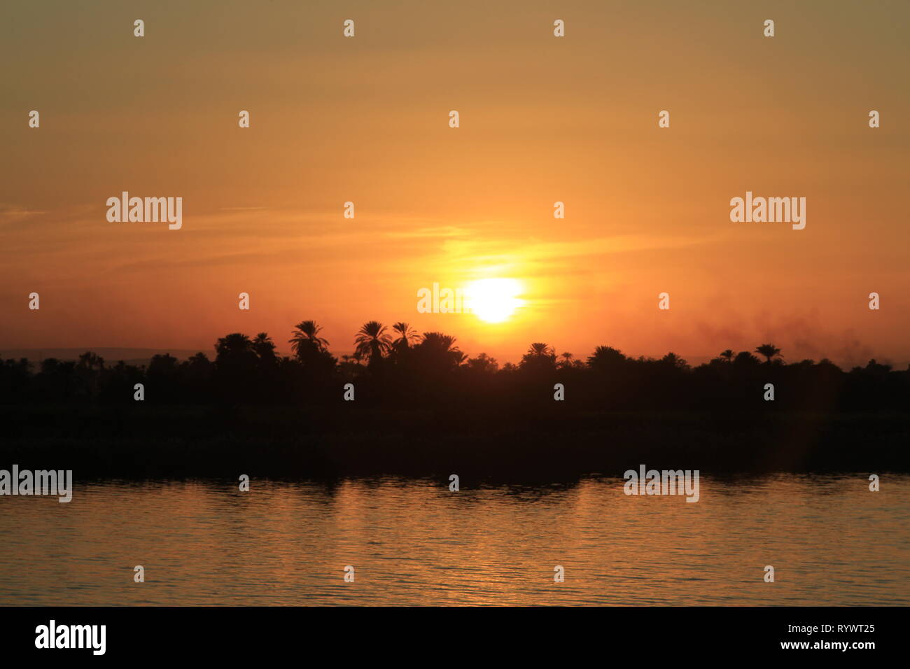 Sunset on the Nile River from the deck of a cruise boat, Egypt, North ...