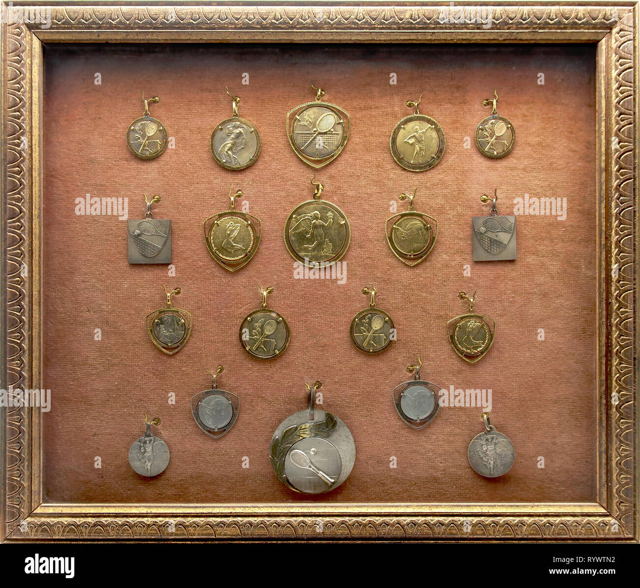 Tennis medal board with golden frame and red velvet background Stock ...