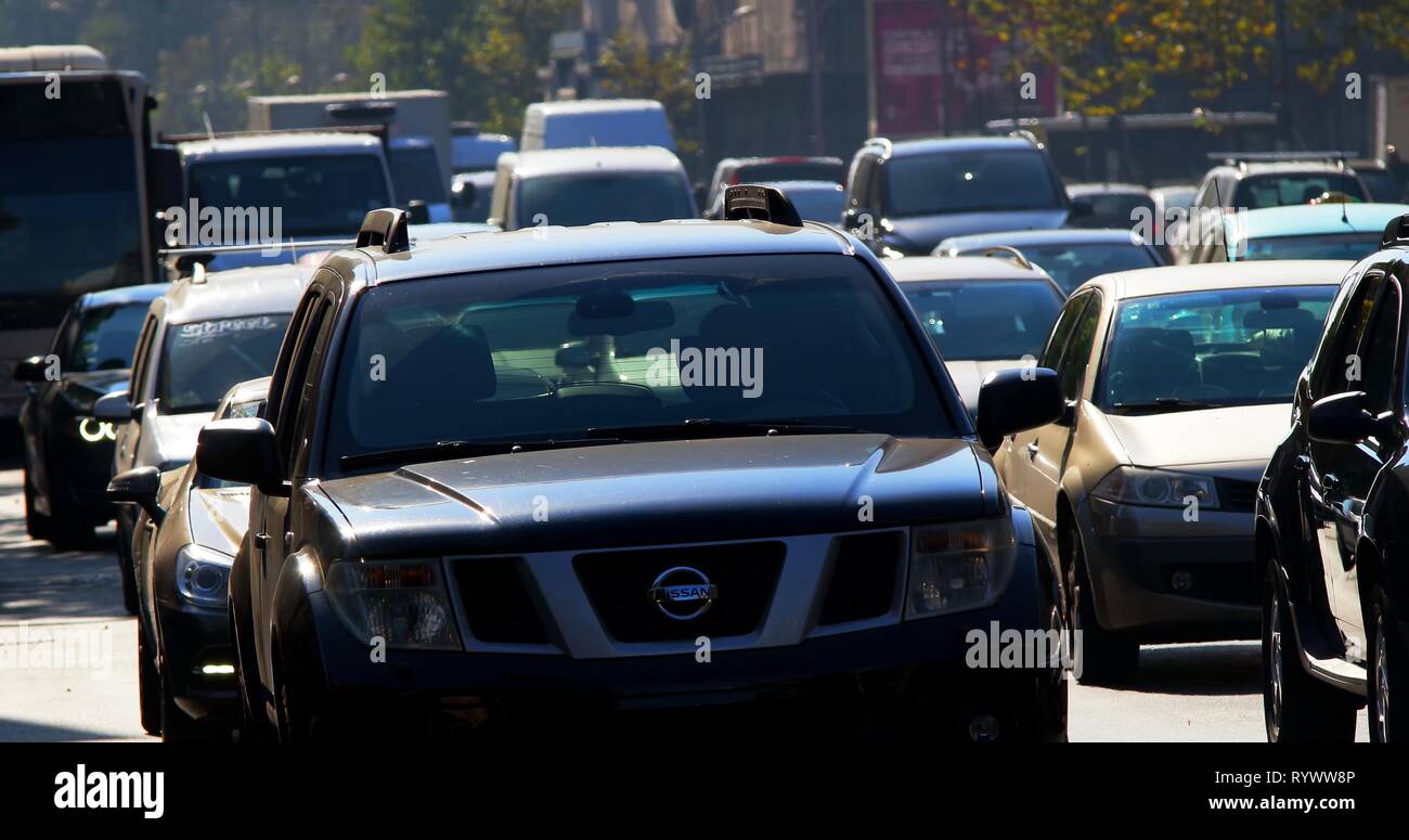 Bucharest, Romania - October 12, 2018: Cars are trapped in traffic jam ...