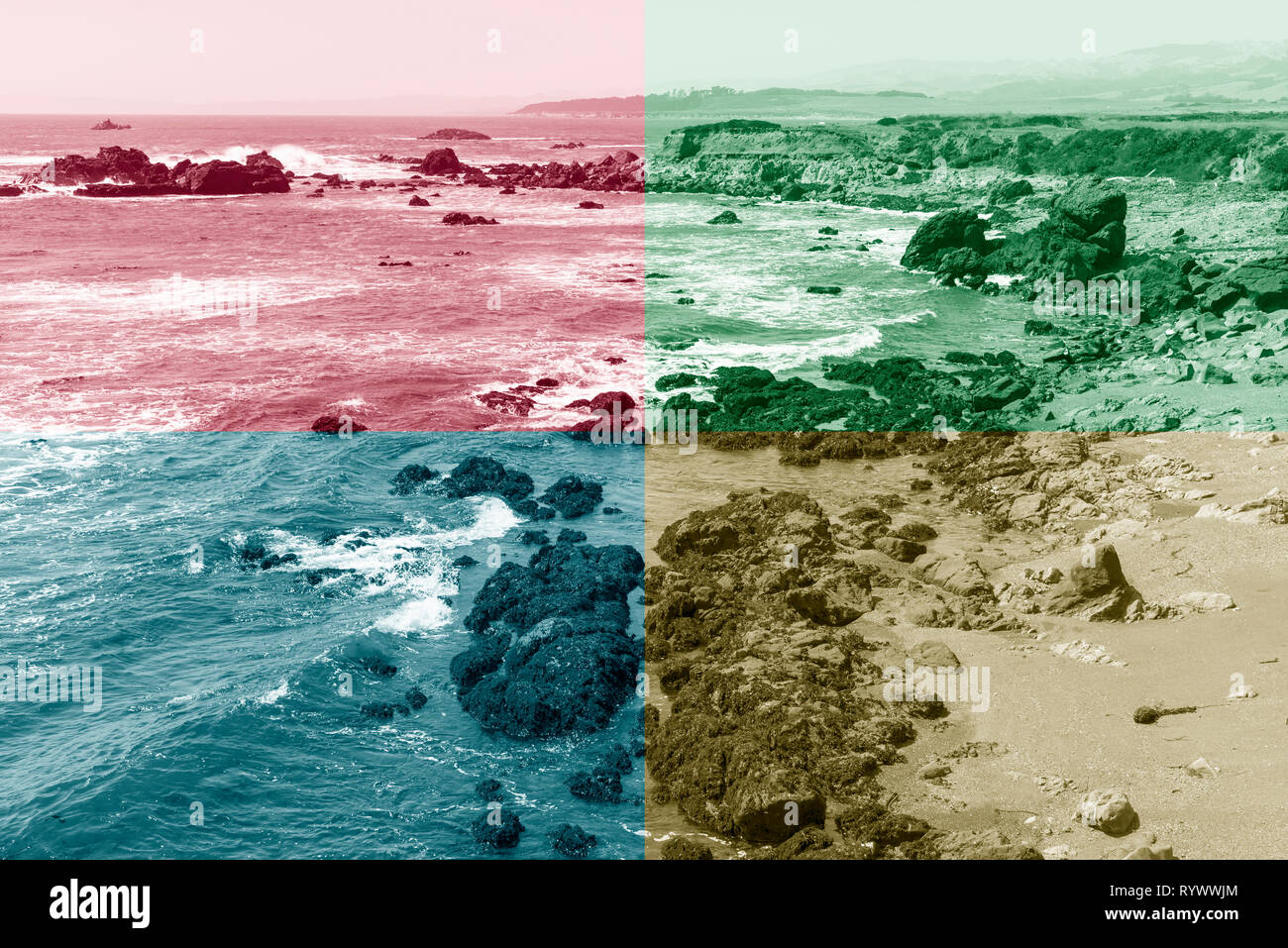 4 color quadrant ocean shore background, red, green, blue and sepia ...