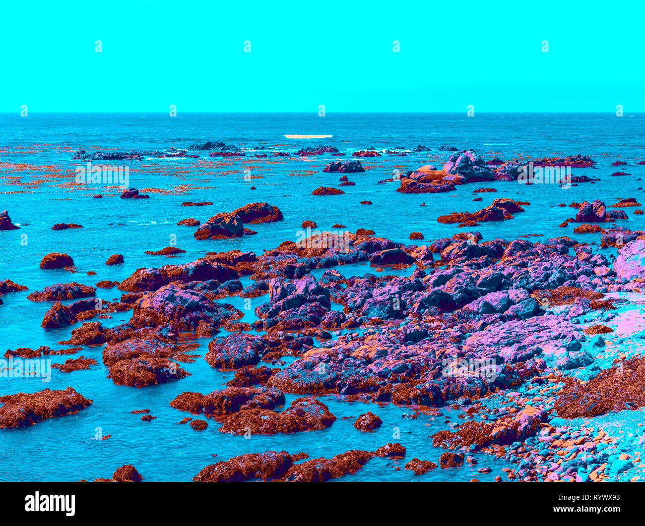 Colorful rocky shoreline showing pink and blue rocks with dark red ...