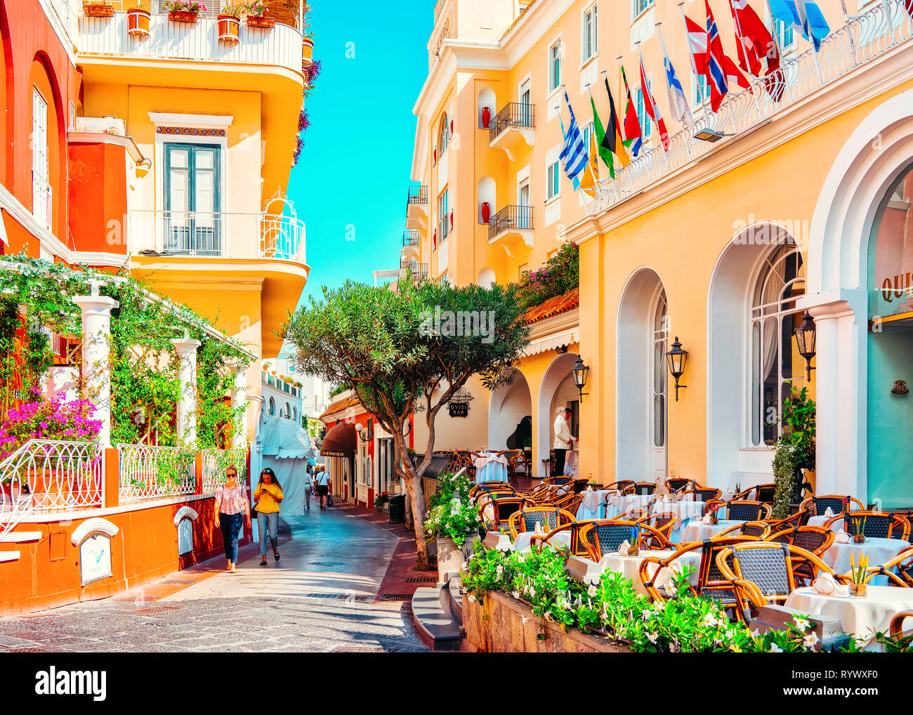 Capri, Italy - October 3, 2017: Street cafe and restaurant table and ...