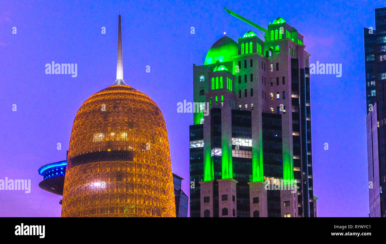 Doha, Qatar - February 18, 2019: details of Doha Tower, Salam Tower and ...