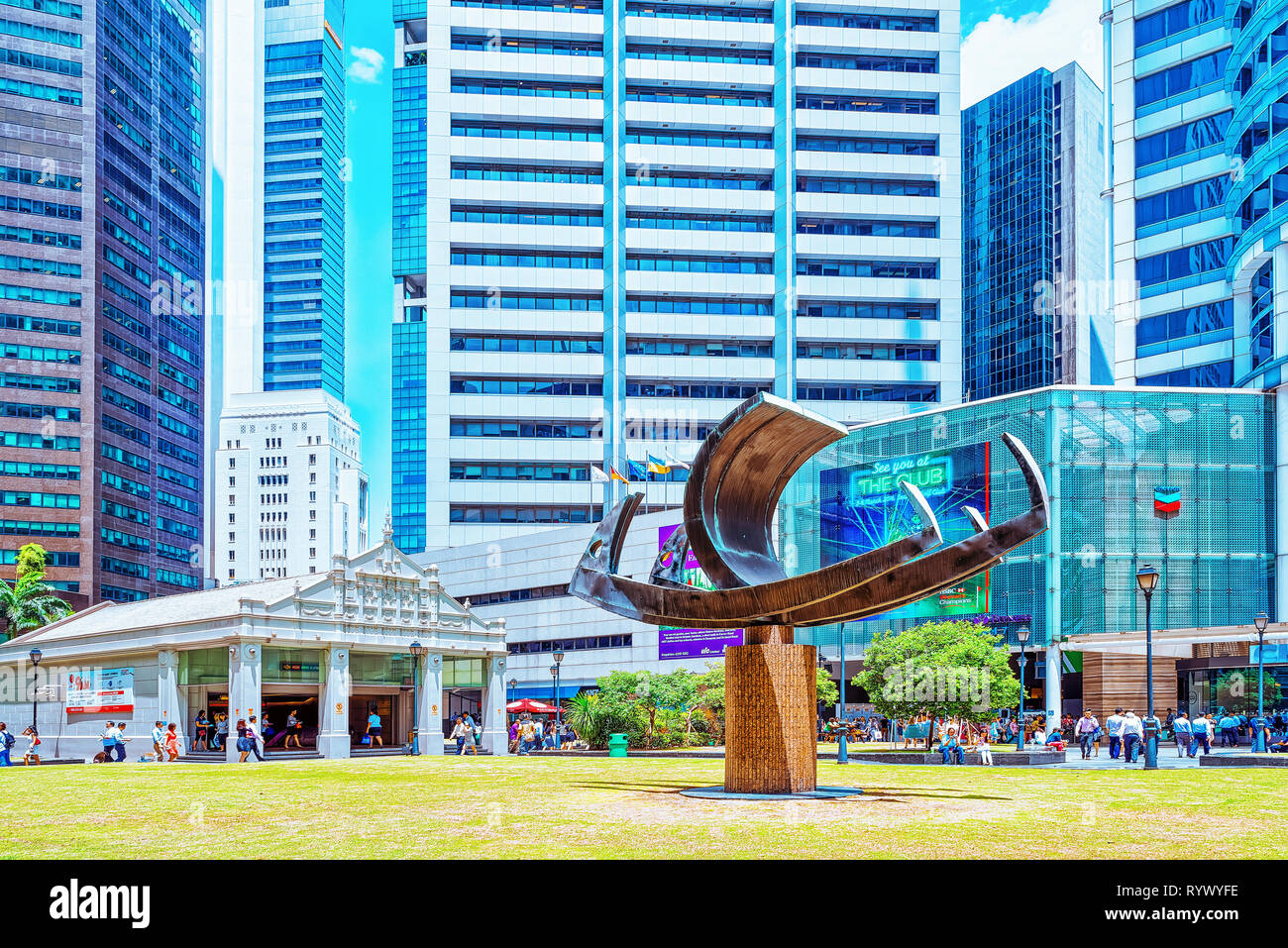 Singapore, Singapore - March 1, 2016: Ship sculpture near One Raffles ...
